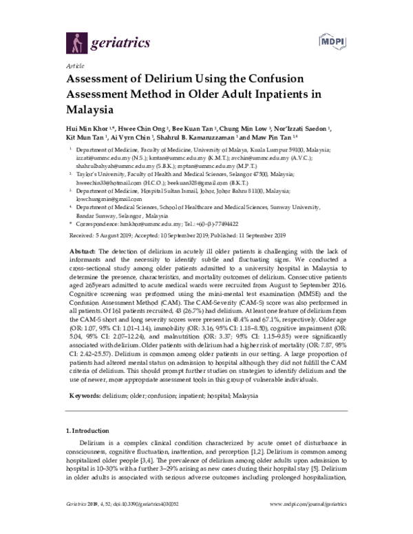 (PDF) Assessment of Delirium Using the Confusion Assessment Method in ...