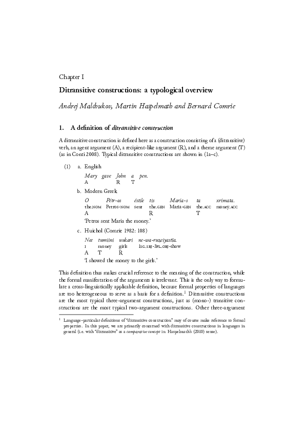 (PDF) I. Ditransitive constructions: A typological overview