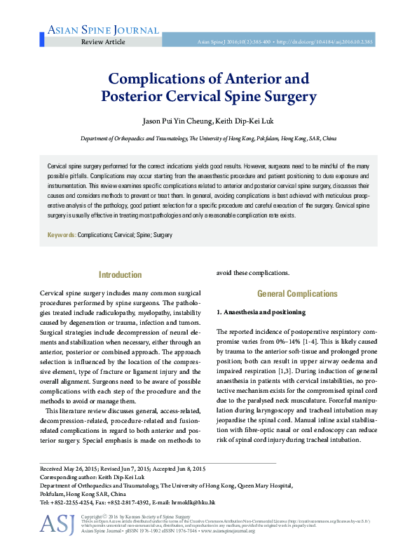 (PDF) Complications of Anterior and Posterior Cervical Spine Surgery ...