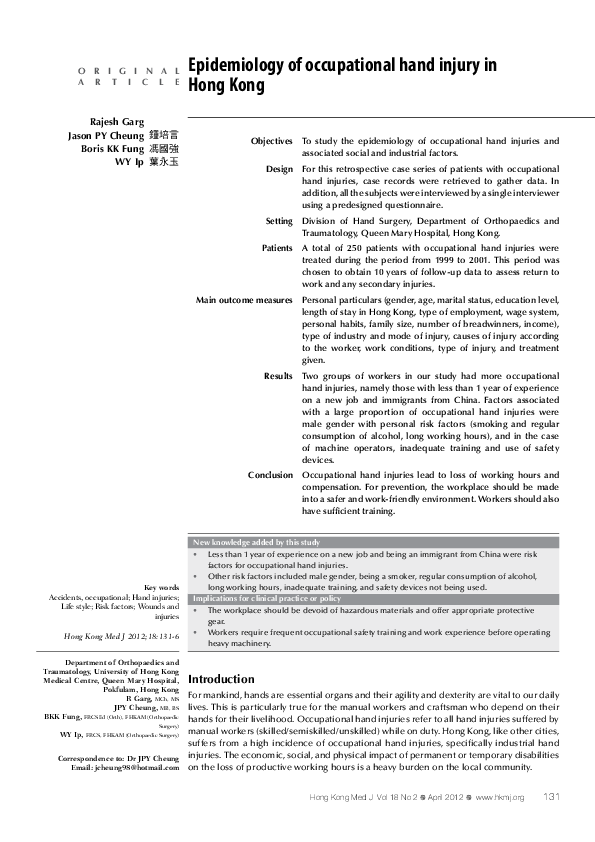 (PDF) Epidemiology of occupational hand injury in Hong Kong