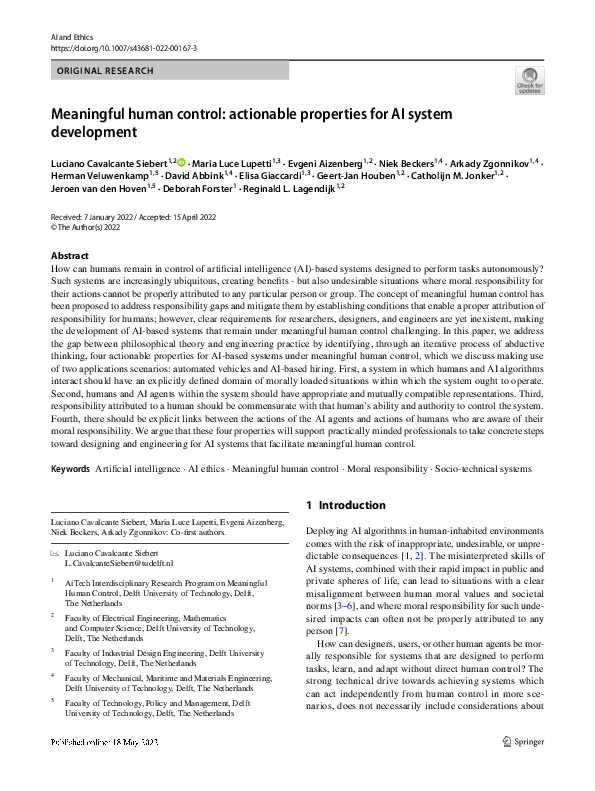 (PDF) Meaningful human control: actionable properties for AI system ...