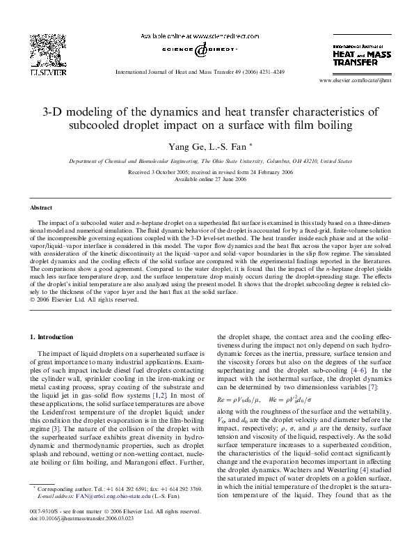 (PDF) 3-D modeling of the dynamics and heat transfer characteristics of subcooled droplet impact ...