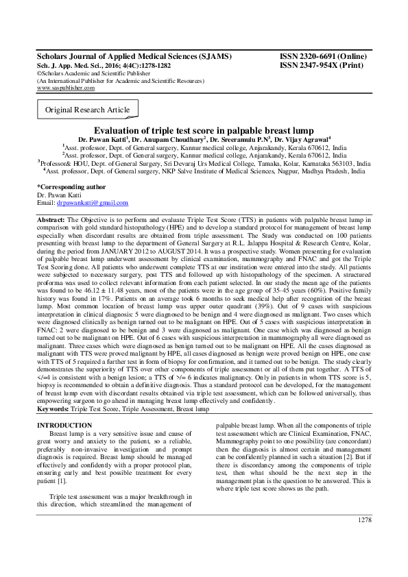 (PDF) Evaluation of triple test score in palpable breast lump