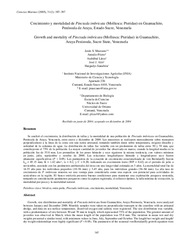 (PDF) Growth and mortality of Pinctada imbricata (Mollusca: Pteridae ...