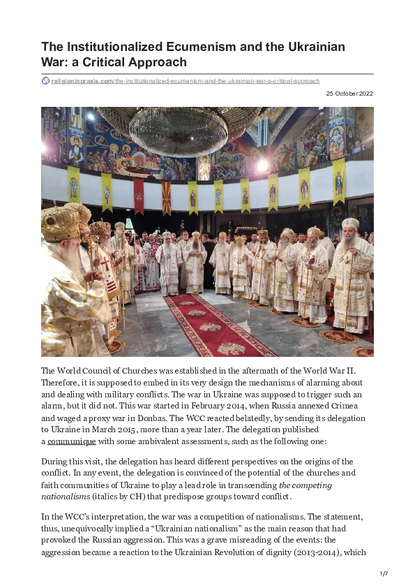 (PDF) The Institutionalized Ecumenism and the Ukrainian War: a Critical ...