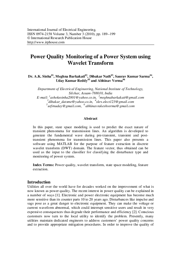 Pdf Power Quality Monitoring Of A Power System Using Wavelet Transform