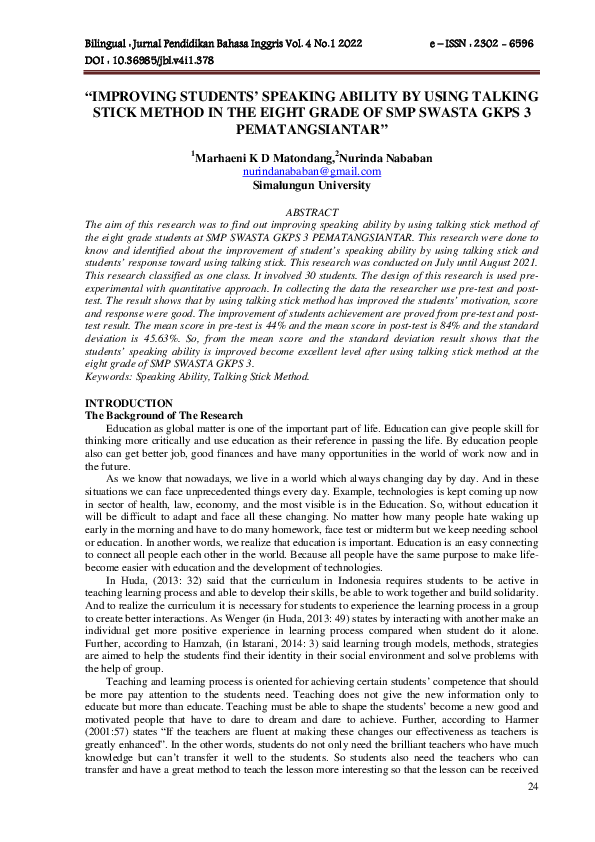 (PDF) Improving Students Speaking Ability By Using Talking Stick Method ...