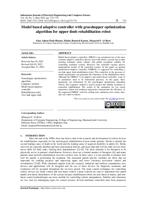 Pdf Model Based Adaptive Controller With Grasshopper Optimization Algorithm For Upper Limb