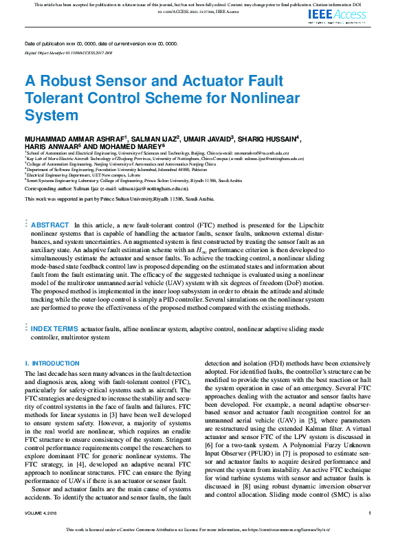 (PDF) A Robust Sensor and Actuator Fault Tolerant Control Scheme for Nonlinear System | umair ...