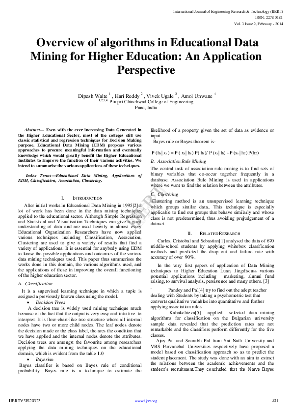 (PDF) Algorithms in Educational Data Mining Applications
