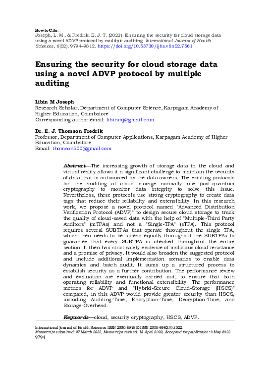 (PDF) Ensuring the security for cloud storage data using a novel ADVP protocol by multiple auditing