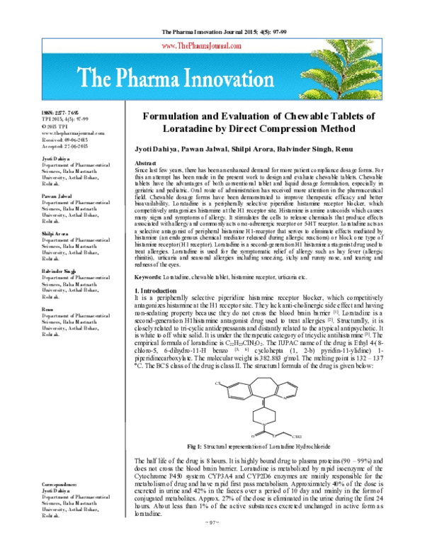 Pdf Formulation And Evaluation Of Chewable Tablets Of Loratadine By Direct Compression Method