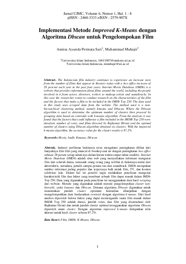 Pdf Implementasi Metode Improved K Means Dengan Algoritma Dbscan Untuk Pengelompokan Film