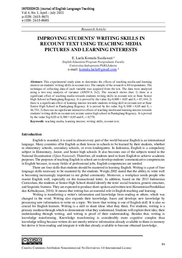 (PDF) Improving Students' Writing Skills in Recount Text Using Teaching Media Pictures and ...