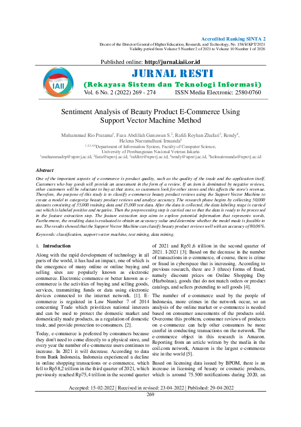 Pdf Sentiment Analysis Of Beauty Product E Commerce Using Support Vector Machine Method 