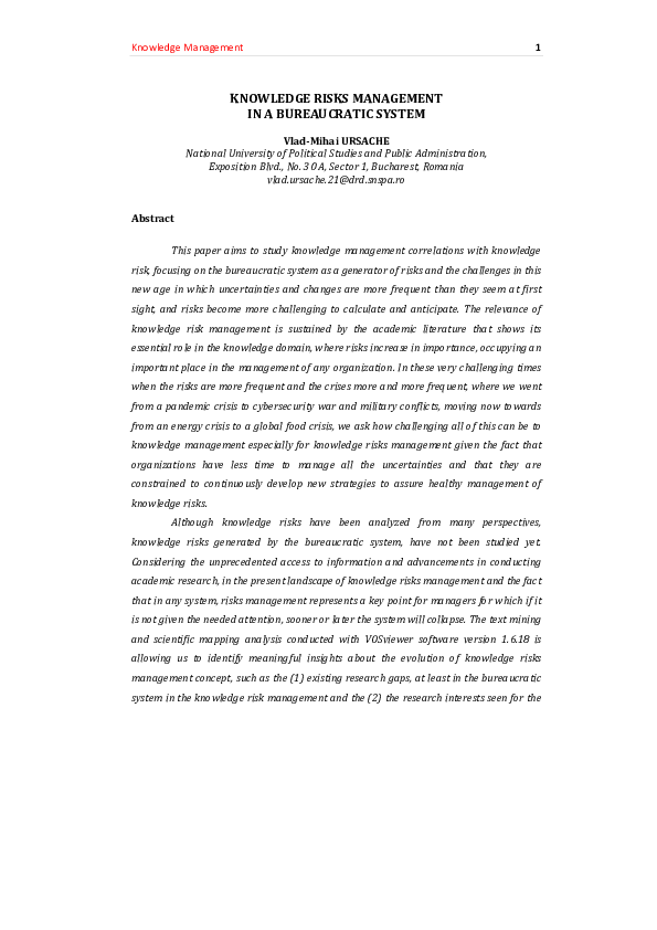 KNOWLEDGE RISKS MANAGEMENT IN A BUREAUCRATIC SYSTEM