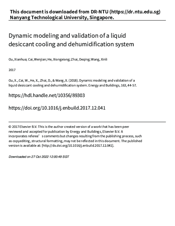 (PDF) Dynamic modeling and validation of a liquid desiccant cooling and dehumidification system