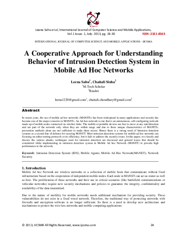 (PDF) Behavior Analysis of IDS in MANETs