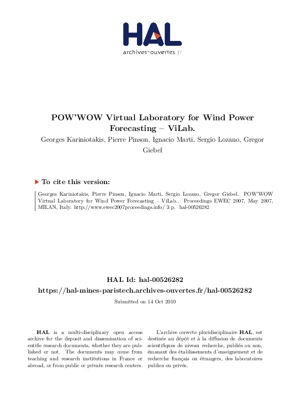 (PDF) POW'WOW Virtual Laboratory for Wind Power Forecasting–ViLab