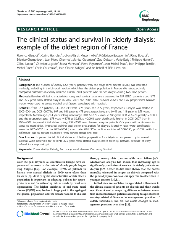 (PDF) The clinical status and survival in elderly dialysis: example of ...