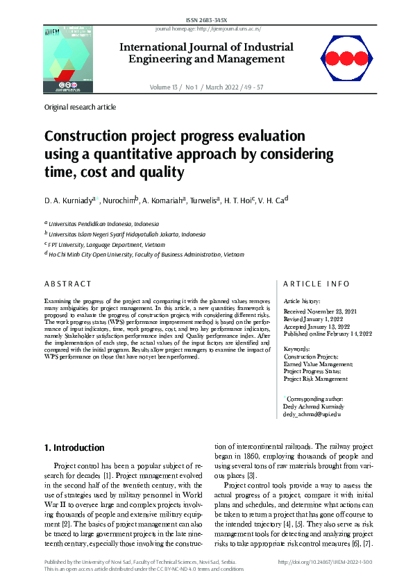 (PDF) Construction project progress evaluation using a quantitative ...
