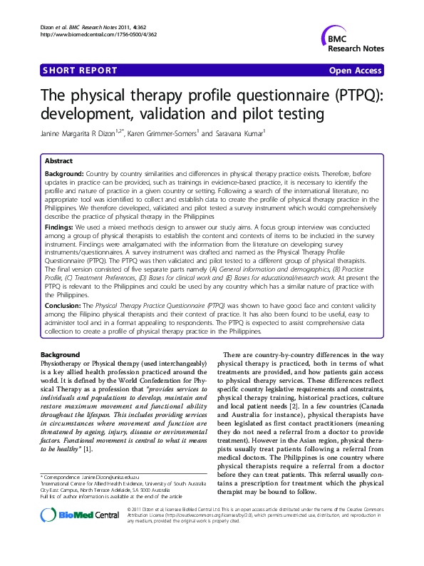(PDF) The physical therapy profile questionnaire (PTPQ): development ...