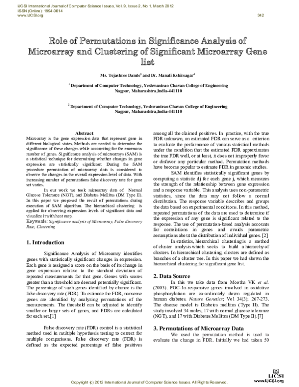(PDF) Role of Permutations in Significance Analysis of Microarray and Clustering of Significant ...