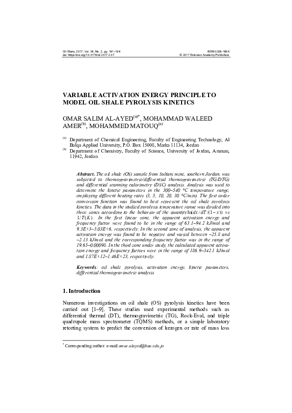 Pdf Variable Activation Energy Principle To Model Oil Shale Pyrolysis Kinetics