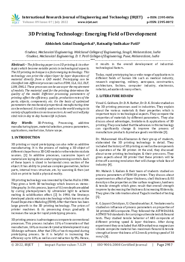 (PDF) 3D Printing Technology: Emerging Field of Development