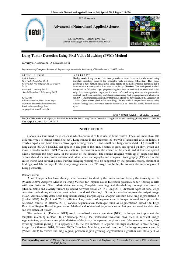(PDF) Lung Tumor Detection Using Pixel Value Matching (PVM) Method
