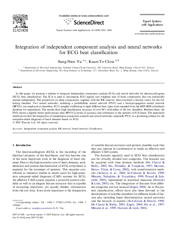 Pdf Integration Of Independent Component Analysis And Neural Networks For Ecg Beat Classification 