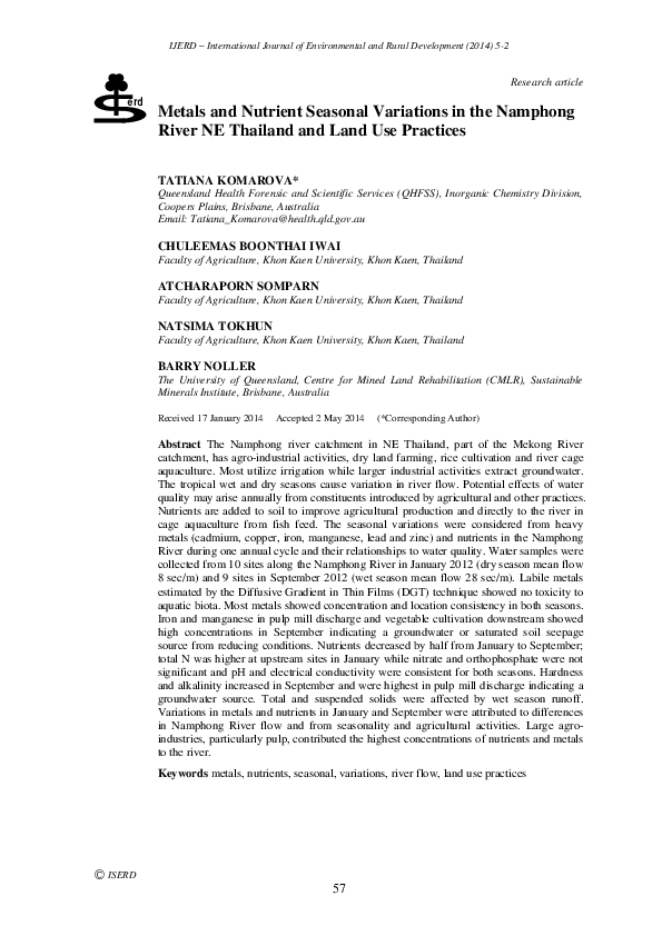 (PDF) Metals and nutrient seasonal variations in the Namphong River NE ...