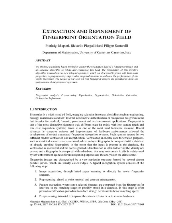 (PDF) Extraction and Refinement of Fingerprint Orientation Field