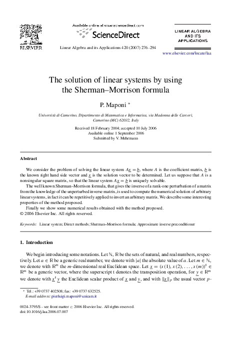 (PDF) The solution of linear systems by using the Sherman–Morrison formula