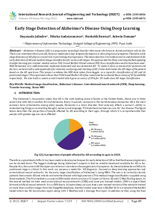 Pdf Early Stage Detection Of Alzheimers Disease Using Deep Learning