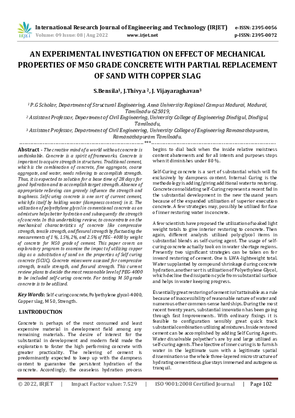 (PDF) AN EXPERIMENTAL INVESTIGATION ON EFFECT OF MECHANICAL PROPERTIES OF M50 GRADE CONCRETE ...