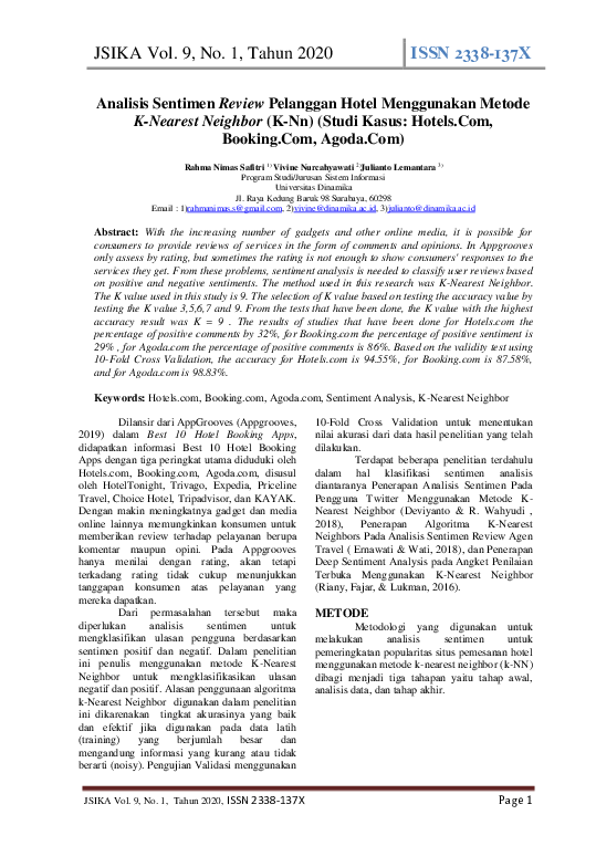 (PDF) Sentiment Analysis Of Hotel Customer Reviews Using K-Nearest Neighbor (K-NN) Method (Case ...