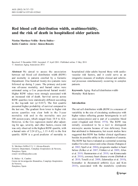(PDF) Red blood cell distribution width, multimorbidity, and the risk of death in hospitalized ...