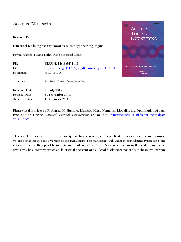Pdf Numerical Modeling And Optimization Of Beta Type Stirling Engine