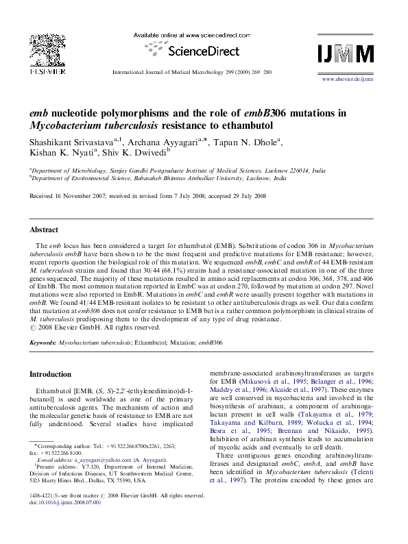 (PDF) emb nucleotide polymorphisms and the role of embB306 mutations in ...