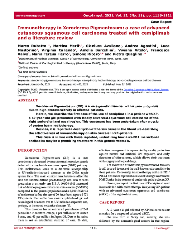Immunotherapy in Xeroderma Pigmentosum: a case of advanced cutaneous ...