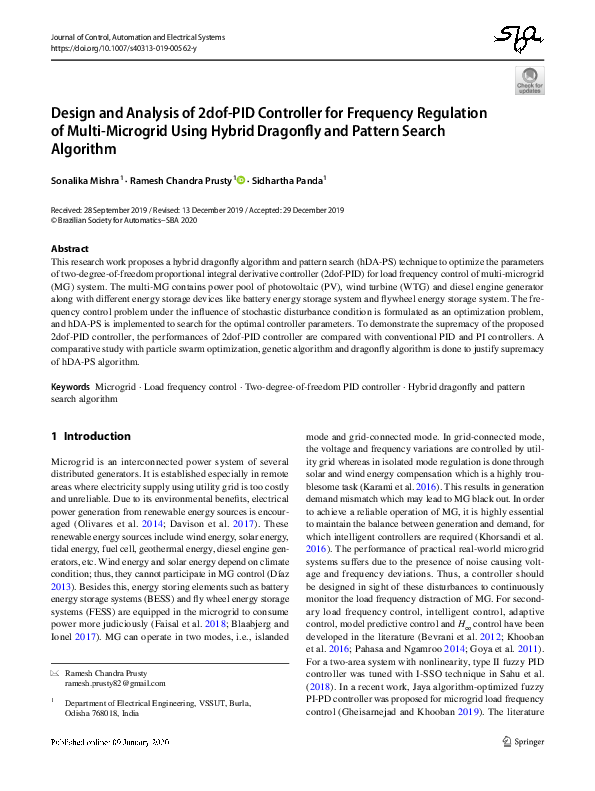 Pdf Design And Analysis Of 2dof Pid Controller For Frequency Regulation Of Multi Microgrid