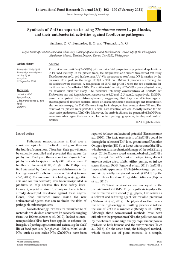 (PDF) Synthesis of ZnO nanoparticles using Theobroma cacao L. pod husks, and their antibacterial ...