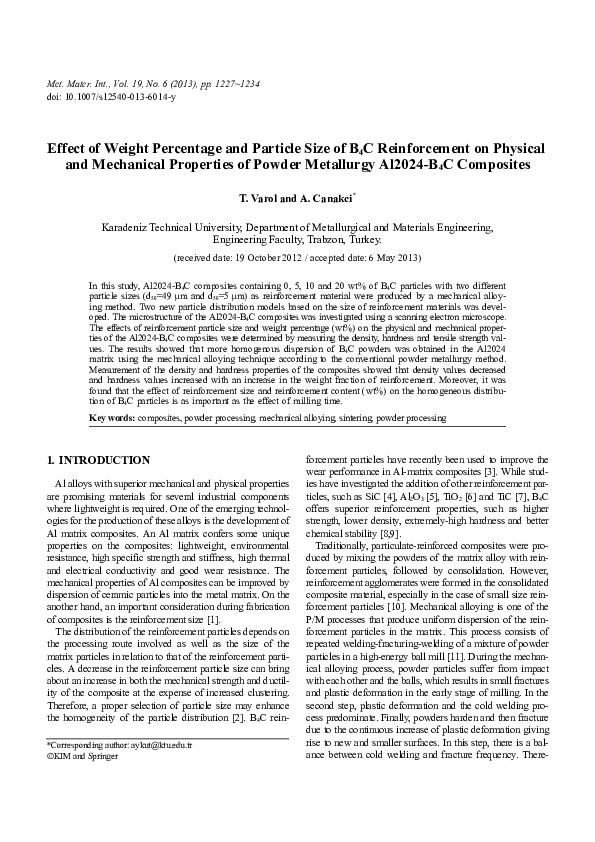 (PDF) Effect of weight percentage and particle size of B4C reinforcement on physical and ...