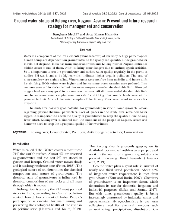 (PDF) Ground water status of Kolong river, Nagaon, Assam: Present and ...