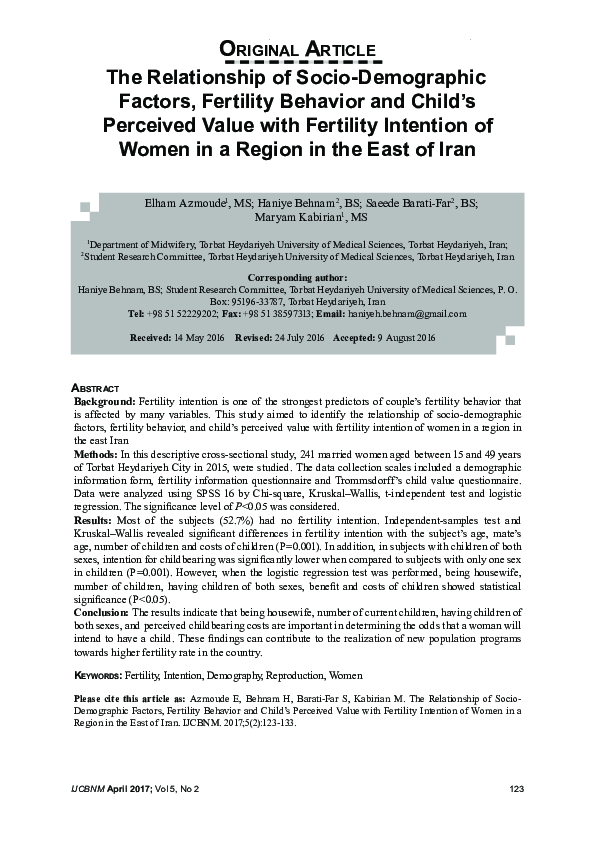 (PDF) The Relationship of Socio-Demographic Factors, Fertility Behavior and Child's Perceived ...