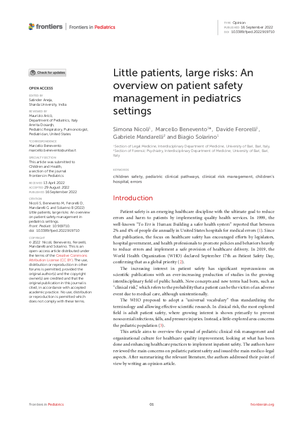 Little patients, large risks: An overview on patient safety management ...
