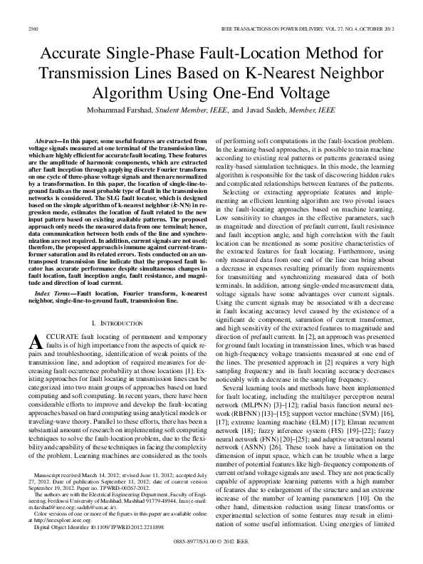Pdf Accurate Single Phase Fault Location Method For Transmission Lines Based On K Nearest