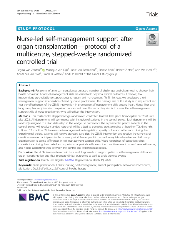 (PDF) Nurse-led self-management support after organ transplantation—protocol of a multicentre ...