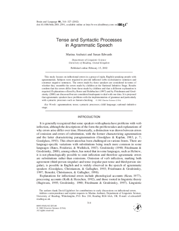(PDF) Tense and Syntactic Processes in Agrammatic Speech